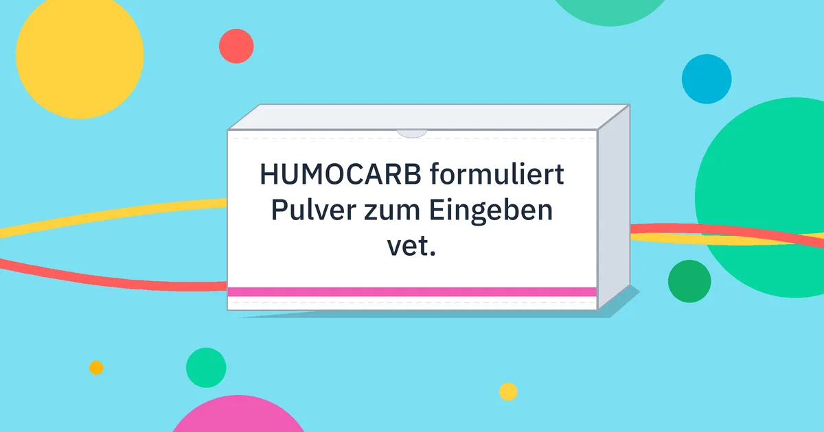 Symbolbild: Packung mit der Aufschrift HUMOCARB formuliert Pulver zum Eingeben vet. (PZN 04550217) – Verfügbarkeit und Bezug in Apotheken in Frankfurt am Main