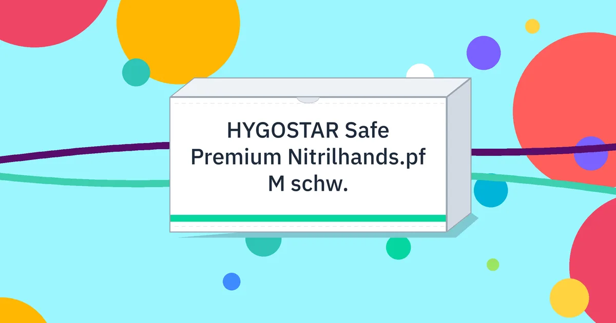 Symbolbild: Packung mit der Aufschrift HYGOSTAR Safe Premium Nitrilhands.pf M schw. (PZN 20773810) – Verfügbarkeit und Bezug in Apotheken in Frankfurt am Main