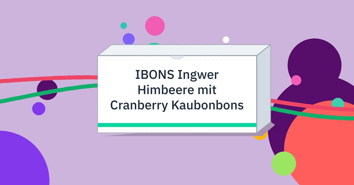 Symbolbild: Packung mit der Aufschrift IBONS Ingwer Himbeere mit Cranberry Kaubonbons (PZN 20187029) – Verfügbarkeit und Bezug in Apotheken in Frankfurt am Main