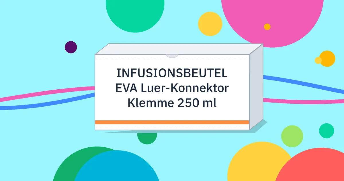 Symbolbild: Packung mit der Aufschrift INFUSIONSBEUTEL EVA Luer-Konnektor Klemme 250 ml (PZN 17309753) – Verfügbarkeit und Bezug in Apotheken in Frankfurt am Main