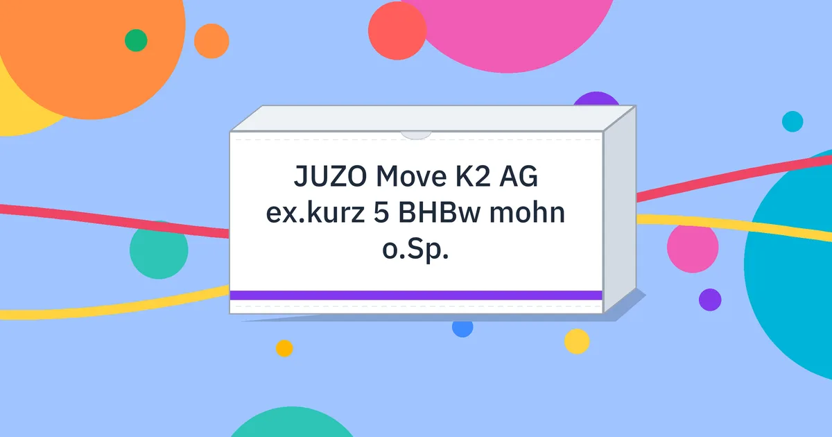 Symbolbild: Packung mit der Aufschrift JUZO Move K2 AG ex.kurz 5 BHBw mohn o.Sp. (PZN 18565978) – Verfügbarkeit und Bezug in Apotheken in Frankfurt am Main