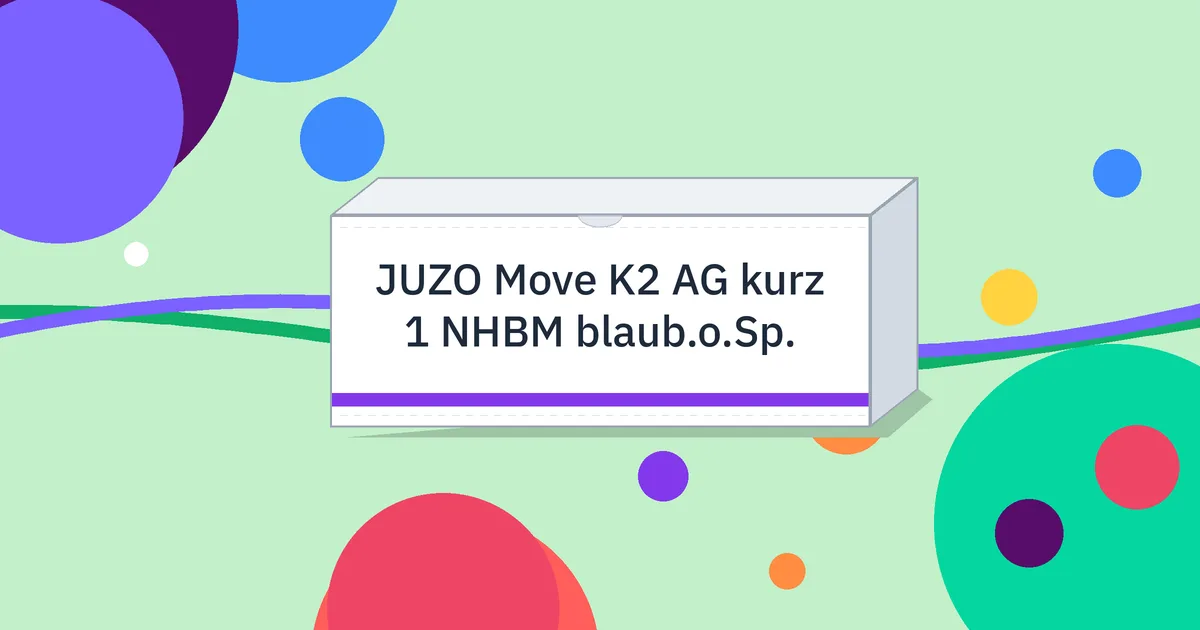Symbolbild: Packung mit der Aufschrift JUZO Move K2 AG kurz 1 NHBM blaub.o.Sp. (PZN 18560774) – Verfügbarkeit und Bezug in Apotheken in Frankfurt am Main