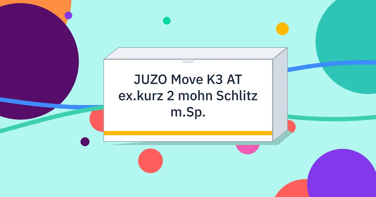 Symbolbild: Packung mit der Aufschrift JUZO Move K3 AT ex.kurz 2 mohn Schlitz m.Sp. (PZN 20681261) – Verfügbarkeit und Bezug in Apotheken in Frankfurt am Main