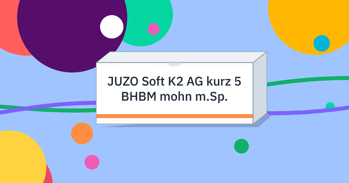 Symbolbild: Packung mit der Aufschrift JUZO Soft K2 AG kurz 5 BHBM mohn m.Sp. (PZN 14859884) – Verfügbarkeit und Bezug in Apotheken in Frankfurt am Main