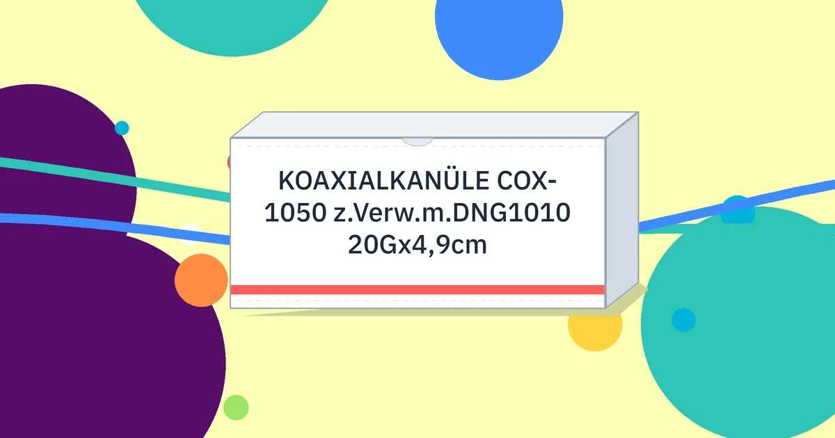 Symbolbild: Packung mit der Aufschrift KOAXIALKANÜLE COX-1050 z.Verw.m.DNG1010 20Gx4,9cm (PZN 00283831) – Verfügbarkeit und Bezug in Apotheken in Frankfurt am Main