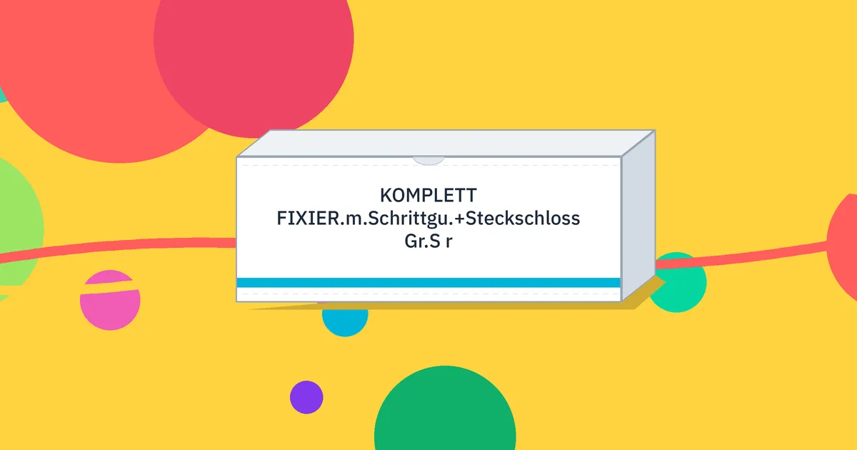 Symbolbild: Packung mit der Aufschrift KOMPLETT FIXIER.m.Schrittgu.+Steckschloss Gr.S r (PZN 11573503) – Verfügbarkeit und Bezug in Apotheken in Frankfurt am Main