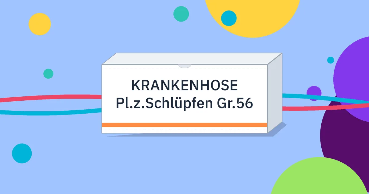 Symbolbild: Packung mit der Aufschrift KRANKENHOSE Pl.z.Schlüpfen Gr.56 (PZN 01979670) – Verfügbarkeit und Bezug in Apotheken in Frankfurt am Main