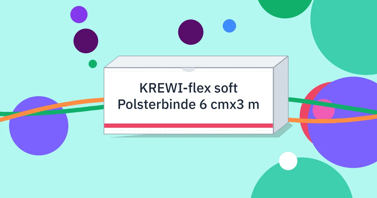 Symbolbild: Packung mit der Aufschrift KREWI-flex soft Polsterbinde 6 cmx3 m (PZN 18266810) – Verfügbarkeit und Bezug in Apotheken in Frankfurt am Main