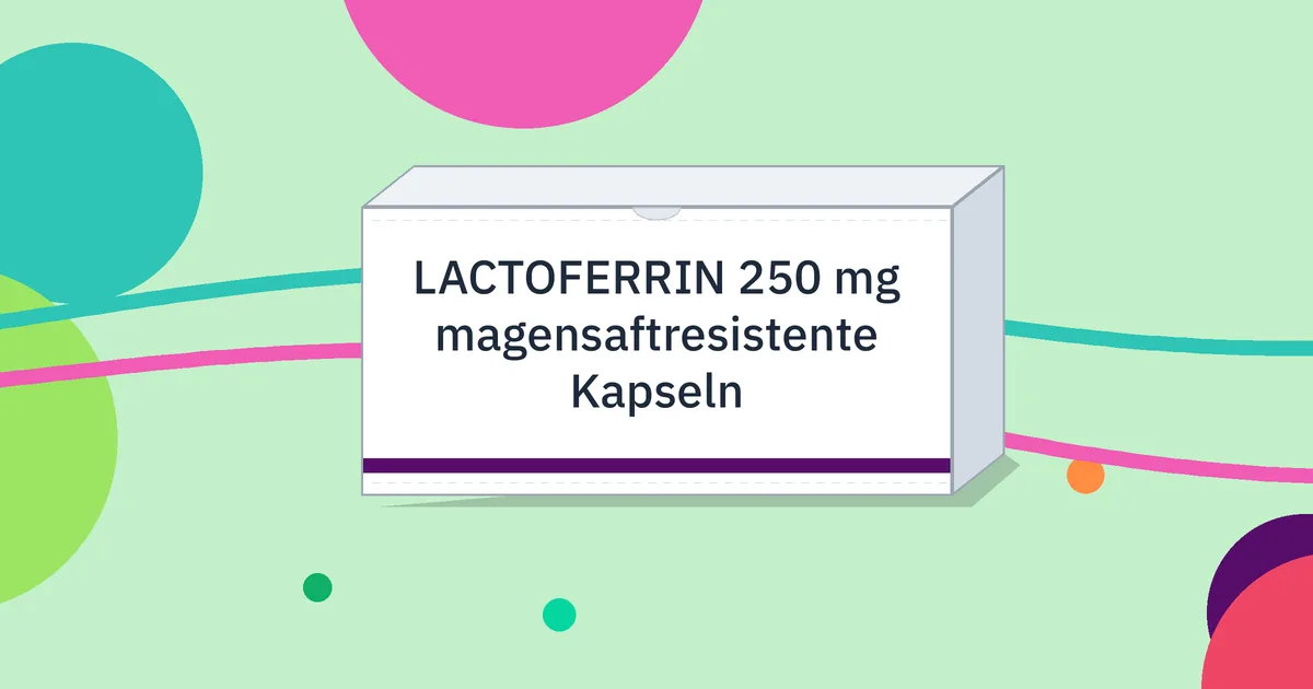 Symbolbild: Packung mit der Aufschrift LACTOFERRIN 250 mg magensaftresistente Kapseln (PZN 10705807) – Verfügbarkeit und Bezug in Apotheken in Frankfurt am Main