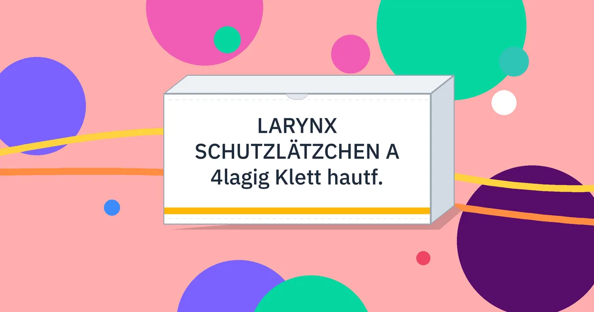 Symbolbild: Packung mit der Aufschrift LARYNX SCHUTZLÄTZCHEN A 4lagig Klett hautf. (PZN 00140391) – Verfügbarkeit und Bezug in Apotheken in Frankfurt am Main
