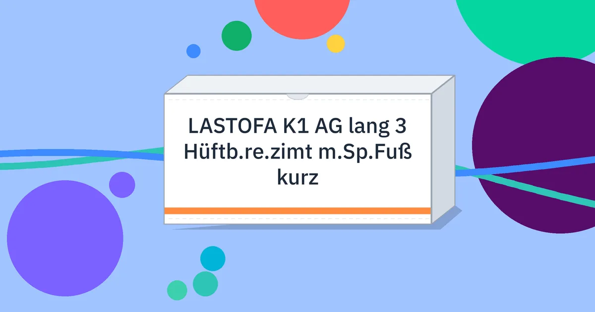 Symbolbild: Packung mit der Aufschrift LASTOFA K1 AG lang 3 Hüftb.re.zimt m.Sp.Fuß kurz (PZN 13797974) – Verfügbarkeit und Bezug in Apotheken in Frankfurt am Main
