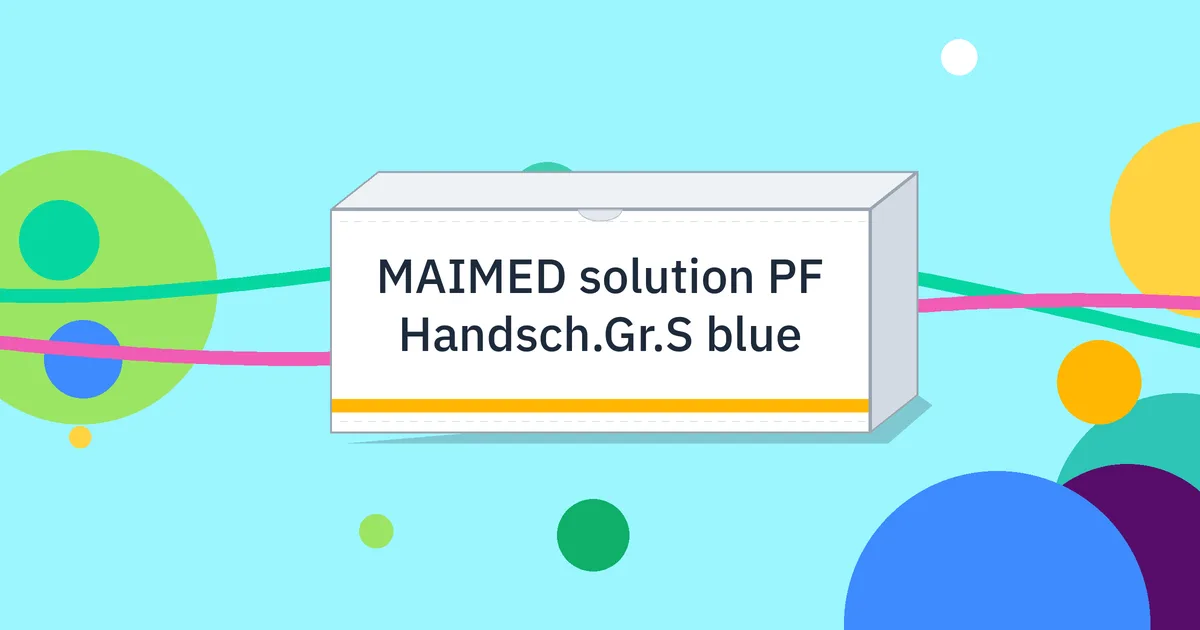 Symbolbild: Packung mit der Aufschrift MAIMED solution PF Handsch.Gr.S blue (PZN 07764870) – Verfügbarkeit und Bezug in Apotheken in Frankfurt am Main