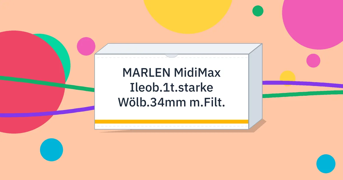 Symbolbild: Packung mit der Aufschrift MARLEN MidiMax Ileob.1t.starke Wölb.34mm m.Filt. (PZN 16658339) – Verfügbarkeit und Bezug in Apotheken in Frankfurt am Main