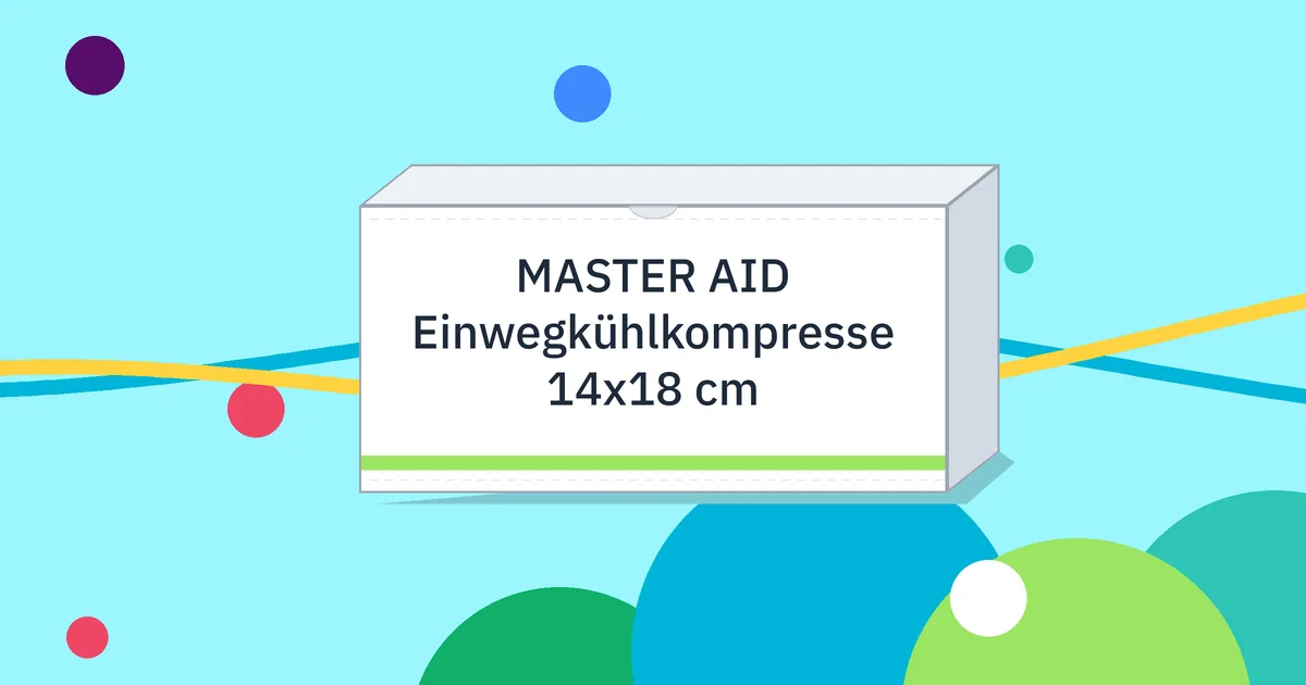 Symbolbild: Packung mit der Aufschrift MASTER AID Einwegkühlkompresse 14x18 cm (PZN 10068016) – Verfügbarkeit und Bezug in Apotheken in Frankfurt am Main