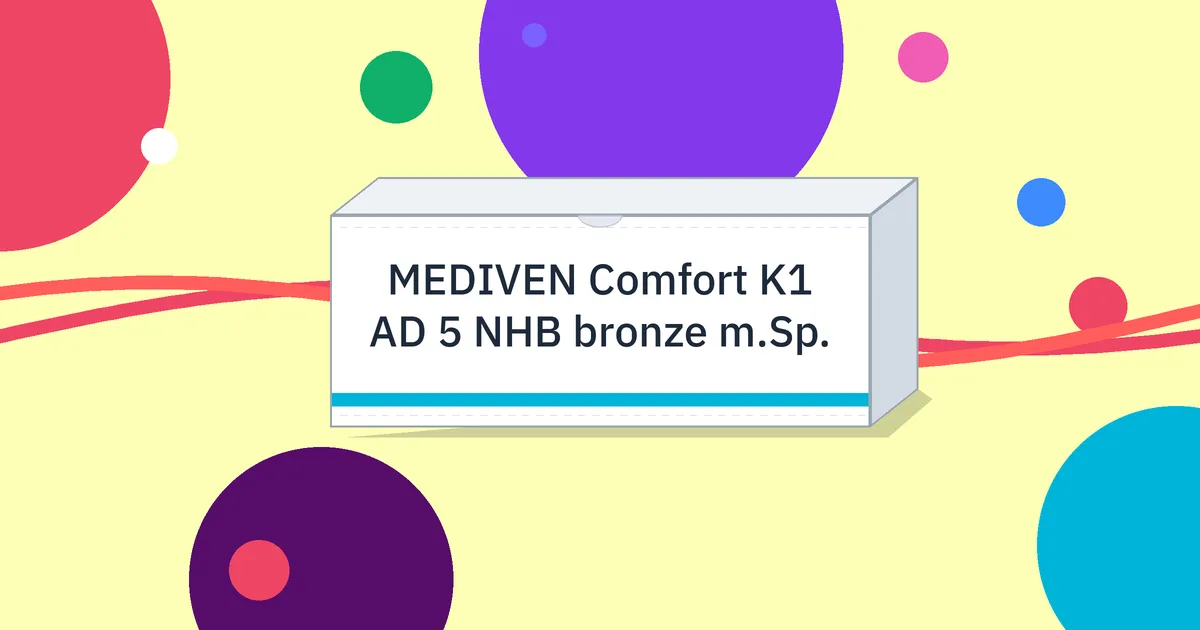 Symbolbild: Packung mit der Aufschrift MEDIVEN Comfort K1 AD 5 NHB bronze m.Sp. (PZN 14560487) – Verfügbarkeit und Bezug in Apotheken in Frankfurt am Main