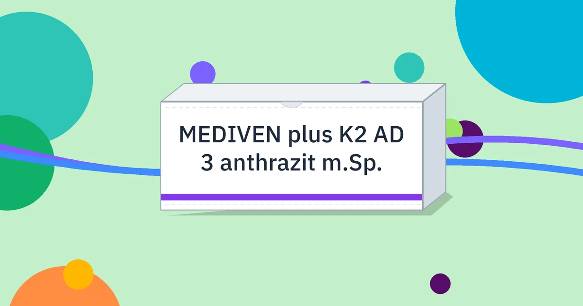 Symbolbild: Packung mit der Aufschrift MEDIVEN plus K2 AD 3 anthrazit m.Sp. (PZN 15092640) – Verfügbarkeit und Bezug in Apotheken in Frankfurt am Main
