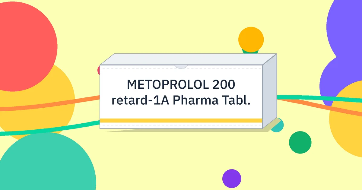 Symbolbild: Packung mit der Aufschrift METOPROLOL 200 retard-1A Pharma Tabl. (PZN 08533954) – Verfügbarkeit und Bezug in Apotheken in Frankfurt am Main