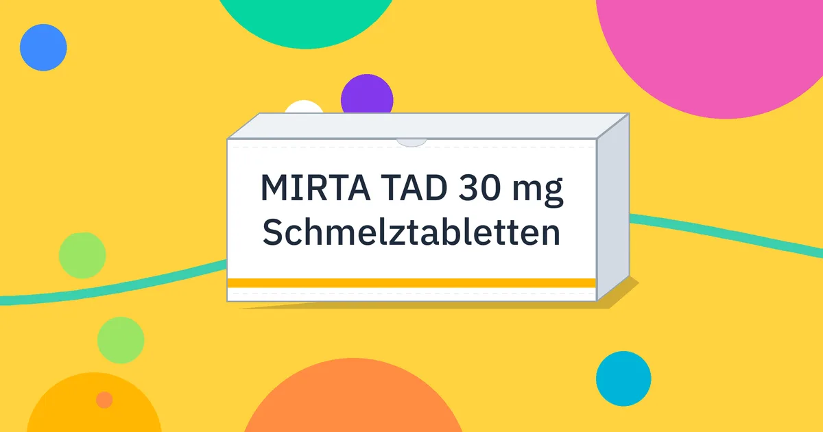 Symbolbild: Packung mit der Aufschrift MIRTA TAD 30 mg Schmelztabletten (PZN 06477217) – Verfügbarkeit und Bezug in Apotheken in Frankfurt am Main