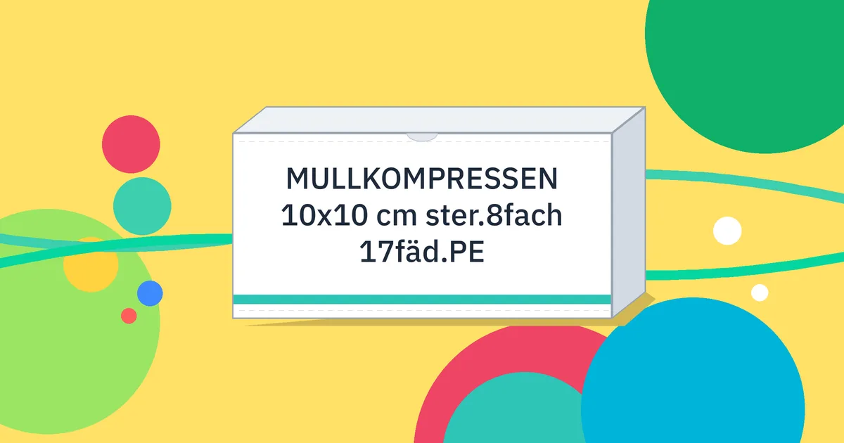 Symbolbild: Packung mit der Aufschrift MULLKOMPRESSEN 10x10 cm ster.8fach 17fäd.PE (PZN 06929429) – Verfügbarkeit und Bezug in Apotheken in Frankfurt am Main