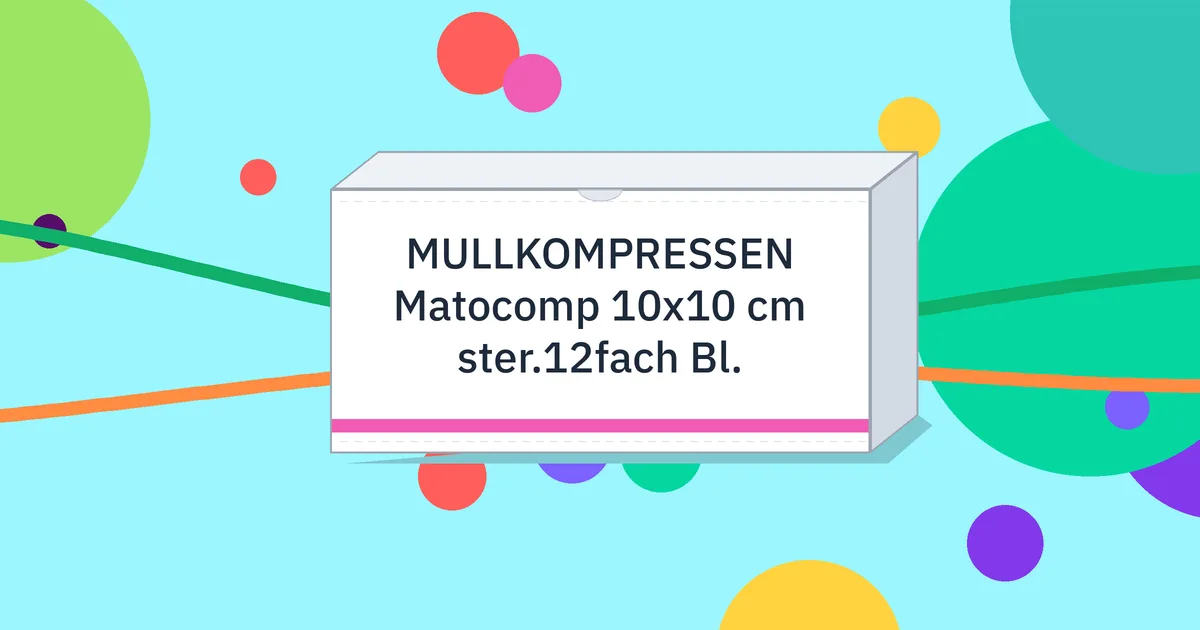 Symbolbild: Packung mit der Aufschrift MULLKOMPRESSEN Matocomp 10x10 cm ster.12fach Bl. (PZN 03377892) – Verfügbarkeit und Bezug in Apotheken in Frankfurt am Main