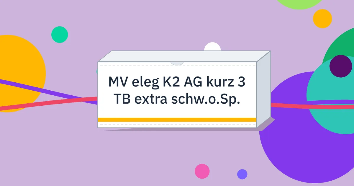 Symbolbild: Packung mit der Aufschrift MV eleg K2 AG kurz 3 TB extra schw.o.Sp. (PZN 09879525) – Verfügbarkeit und Bezug in Apotheken in Frankfurt am Main