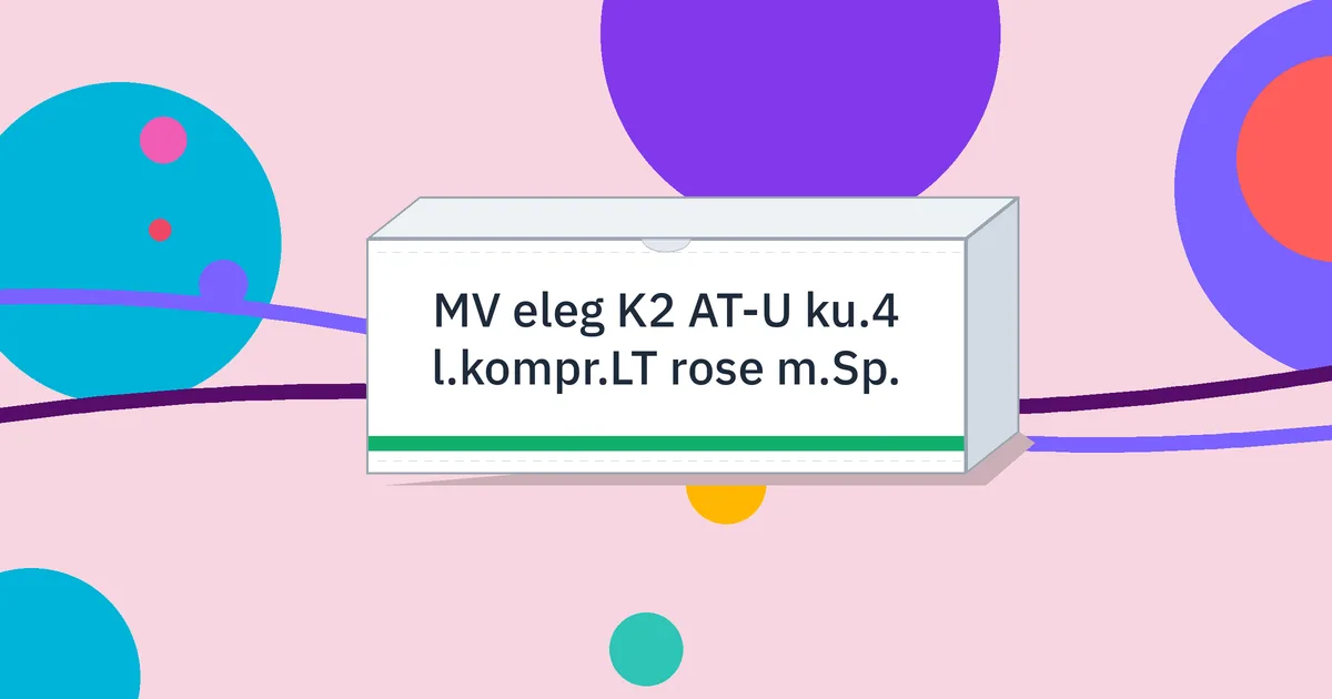 Symbolbild: Packung mit der Aufschrift MV eleg K2 AT-U ku.4 l.kompr.LT rose m.Sp. (PZN 14692585) – Verfügbarkeit und Bezug in Apotheken in Frankfurt am Main