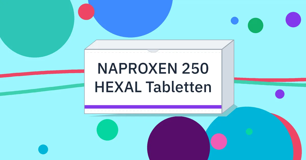 Symbolbild: Packung mit der Aufschrift NAPROXEN 250 HEXAL Tabletten (PZN 01239565) – Verfügbarkeit und Bezug in Apotheken in Frankfurt am Main