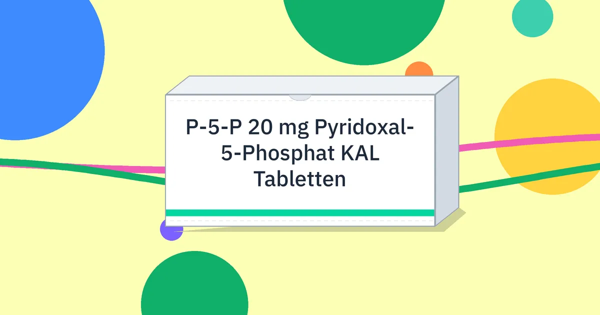 Symbolbild: Packung mit der Aufschrift P-5-P 20 mg Pyridoxal-5-Phosphat KAL Tabletten (PZN 15814398) – Verfügbarkeit und Bezug in Apotheken in Frankfurt am Main