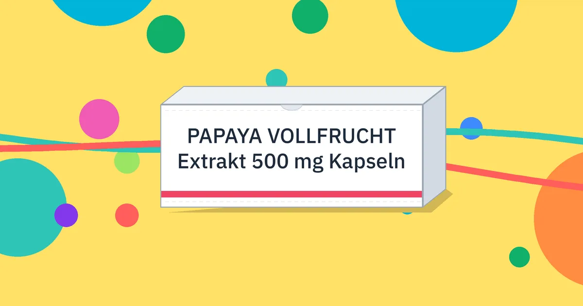 Symbolbild: Packung mit der Aufschrift PAPAYA VOLLFRUCHT Extrakt 500 mg Kapseln (PZN 11047909) – Verfügbarkeit und Bezug in Apotheken in Frankfurt am Main