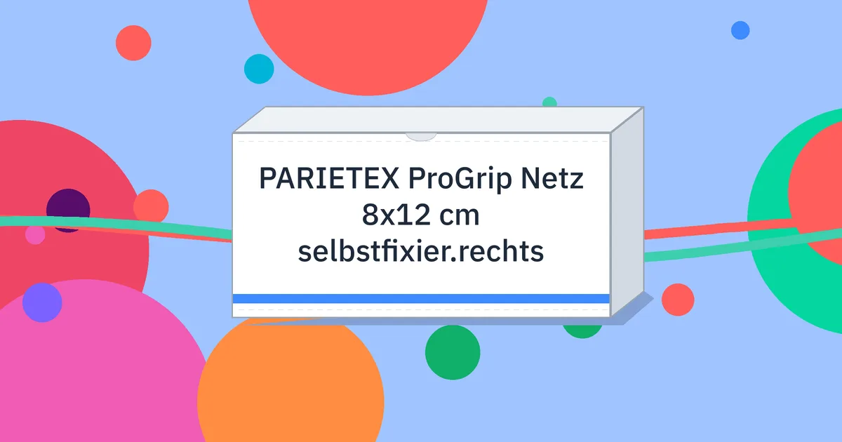 Symbolbild: Packung mit der Aufschrift PARIETEX ProGrip Netz 8x12 cm selbstfixier.rechts (PZN 09153432) – Verfügbarkeit und Bezug in Apotheken in Frankfurt am Main