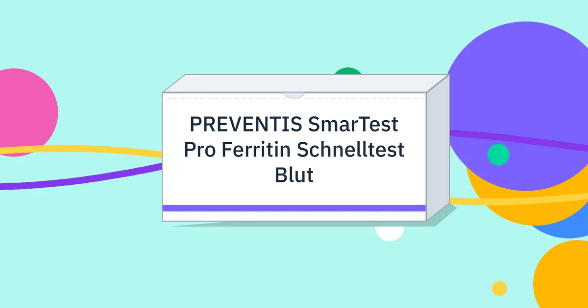 Symbolbild: Packung mit der Aufschrift PREVENTIS SmarTest Pro Ferritin Schnelltest Blut (PZN 18225857) – Verfügbarkeit und Bezug in Apotheken in Frankfurt am Main