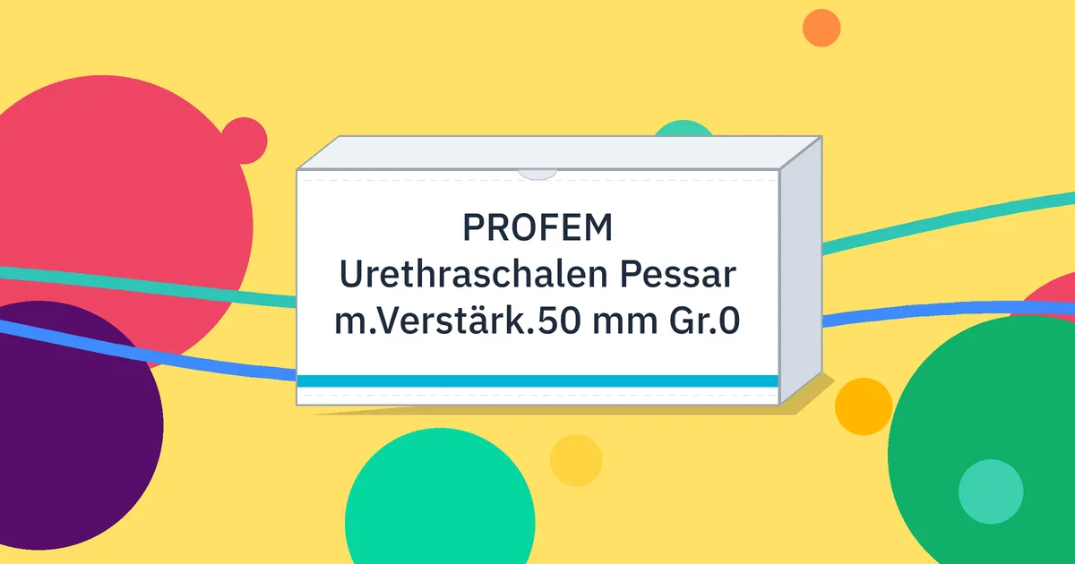 Symbolbild: Packung mit der Aufschrift PROFEM Urethraschalen Pessar m.Verstärk.50 mm Gr.0 (PZN 11672820) – Verfügbarkeit und Bezug in Apotheken in Frankfurt am Main