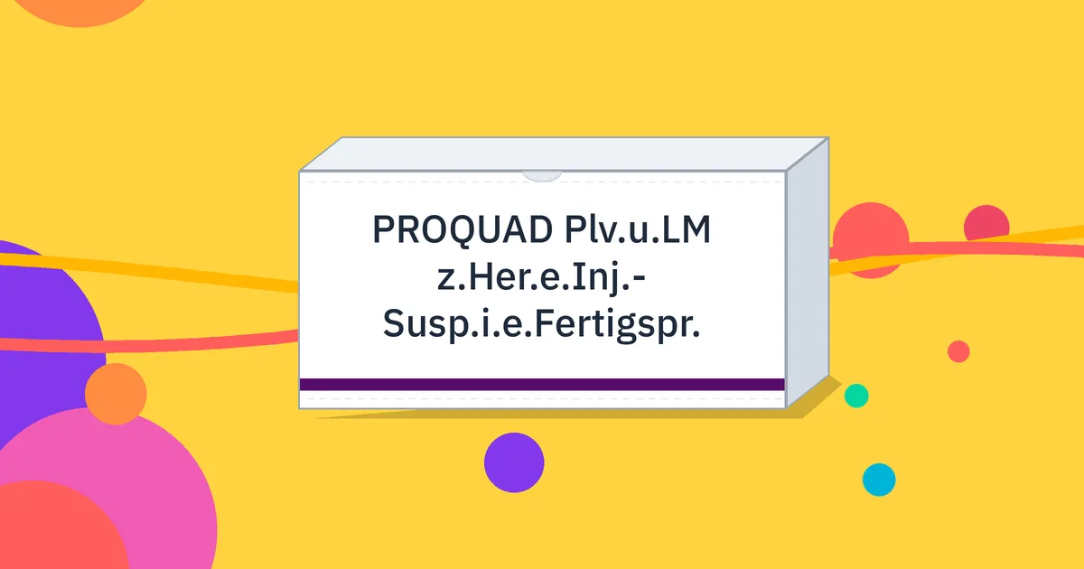 Symbolbild: Packung mit der Aufschrift PROQUAD Plv.u.LM z.Her.e.Inj.-Susp.i.e.Fertigspr. (PZN 18062119) – Verfügbarkeit und Bezug in Apotheken in Frankfurt am Main