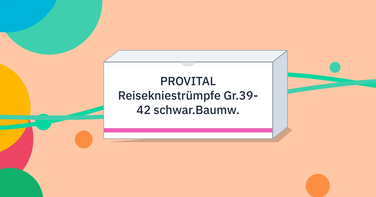 Symbolbild: Packung mit der Aufschrift PROVITAL Reisekniestrümpfe Gr.39-42 schwar.Baumw. (PZN 09519821) – Verfügbarkeit und Bezug in Apotheken in Frankfurt am Main
