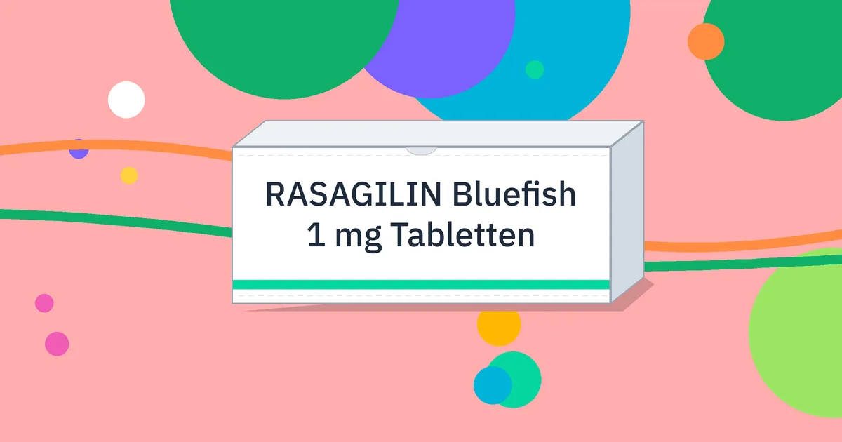 Symbolbild: Packung mit der Aufschrift RASAGILIN Bluefish 1 mg Tabletten (PZN 18003654) – Verfügbarkeit und Bezug in Apotheken in Frankfurt am Main