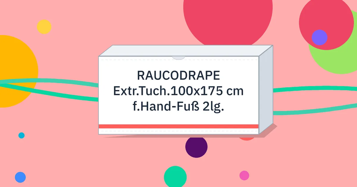 Symbolbild: Packung mit der Aufschrift RAUCODRAPE Extr.Tuch.100x175 cm f.Hand-Fuß 2lg. (PZN 06680467) – Verfügbarkeit und Bezug in Apotheken in Frankfurt am Main