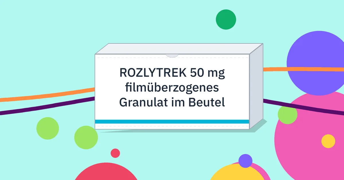 Symbolbild: Packung mit der Aufschrift ROZLYTREK 50 mg filmüberzogenes Granulat im Beutel (PZN 18487600) – Verfügbarkeit und Bezug in Apotheken in Frankfurt am Main
