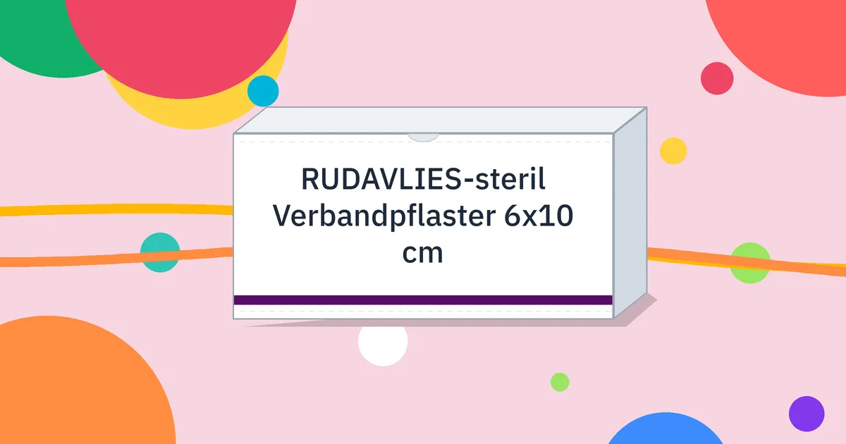 Symbolbild: Packung mit der Aufschrift RUDAVLIES-steril Verbandpflaster 6x10 cm (PZN 14414432) – Verfügbarkeit und Bezug in Apotheken in Frankfurt am Main