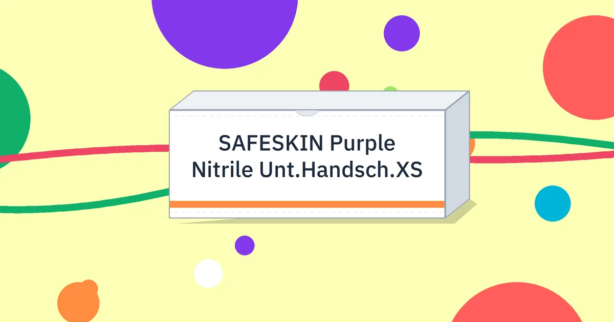Symbolbild: Packung mit der Aufschrift SAFESKIN Purple Nitrile Unt.Handsch.XS (PZN 01298668) – Verfügbarkeit und Bezug in Apotheken in Frankfurt am Main