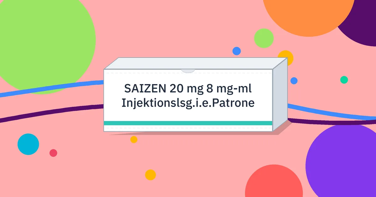 Symbolbild: Packung mit der Aufschrift SAIZEN 20 mg 8 mg-ml Injektionslsg.i.e.Patrone (PZN 07776761) – Verfügbarkeit und Bezug in Apotheken in Frankfurt am Main