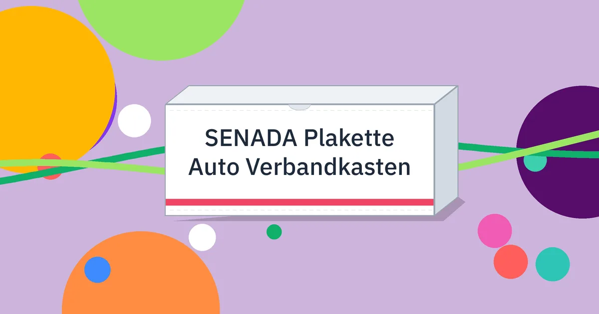 Symbolbild: Packung mit der Aufschrift SENADA Plakette Auto Verbandkasten (PZN 00573925) – Verfügbarkeit und Bezug in Apotheken in Frankfurt am Main