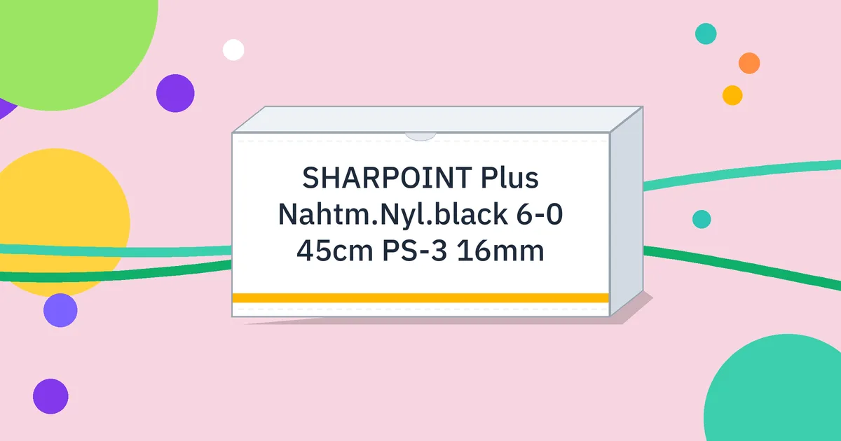 Symbolbild: Packung mit der Aufschrift SHARPOINT Plus Nahtm.Nyl.black 6-0 45cm PS-3 16mm (PZN 17984408) – Verfügbarkeit und Bezug in Apotheken in Frankfurt am Main