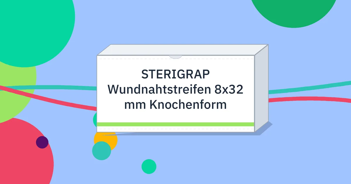 Symbolbild: Packung mit der Aufschrift STERIGRAP Wundnahtstreifen 8x32 mm Knochenform (PZN 17413025) – Verfügbarkeit und Bezug in Apotheken in Frankfurt am Main