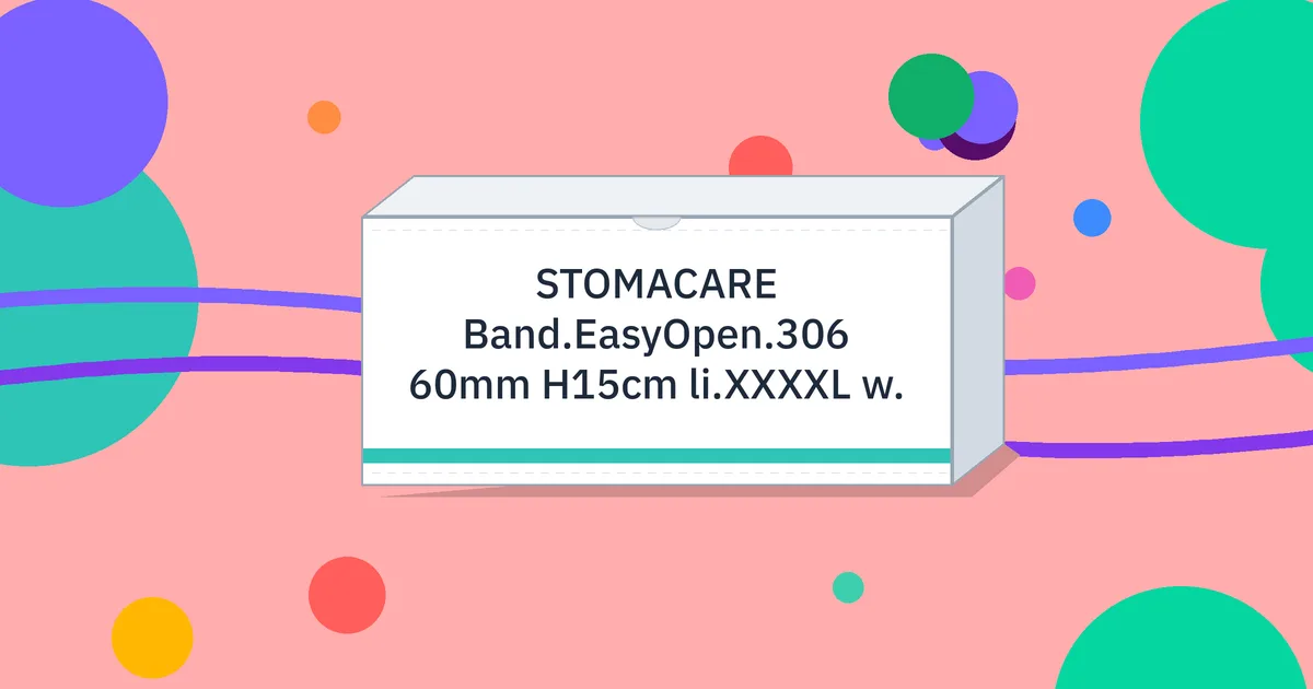 Symbolbild: Packung mit der Aufschrift STOMACARE Band.EasyOpen.306 60mm H15cm li.XXXXL w. (PZN 07665435) – Verfügbarkeit und Bezug in Apotheken in Frankfurt am Main