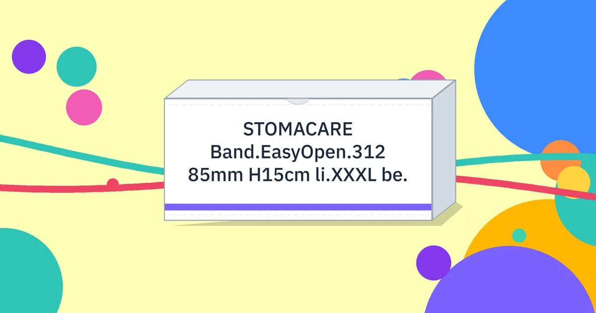 Symbolbild: Packung mit der Aufschrift STOMACARE Band.EasyOpen.312 85mm H15cm li.XXXL be. (PZN 09437891) – Verfügbarkeit und Bezug in Apotheken in Frankfurt am Main