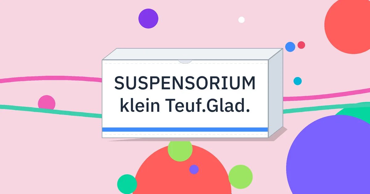 Symbolbild: Packung mit der Aufschrift SUSPENSORIUM klein Teuf.Glad. (PZN 02009519) – Verfügbarkeit und Bezug in Apotheken in Frankfurt am Main