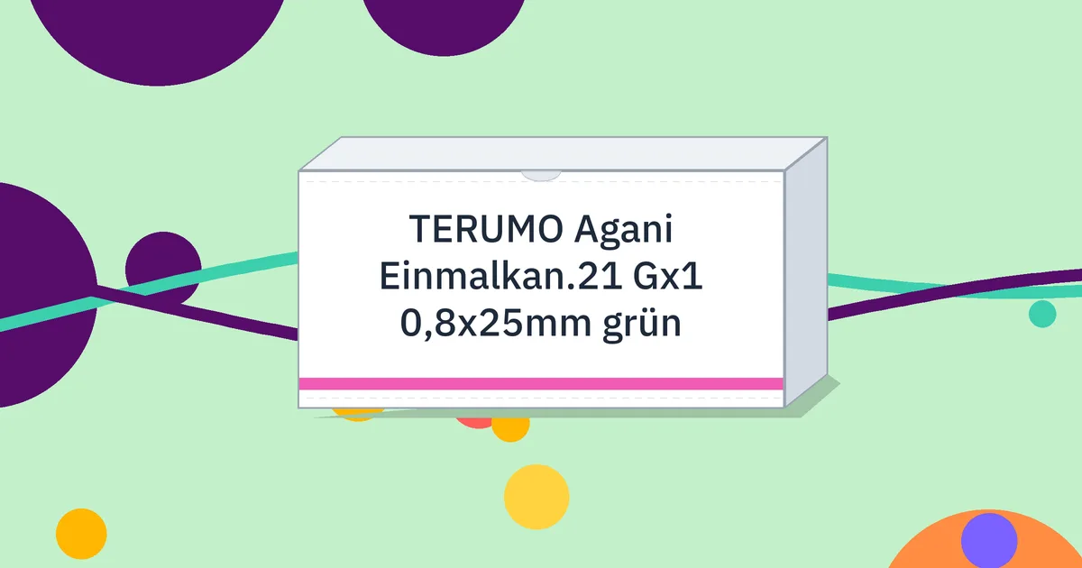Symbolbild: Packung mit der Aufschrift TERUMO Agani Einmalkan.21 Gx1 0,8x25mm grün (PZN 13873540) – Verfügbarkeit und Bezug in Apotheken in Frankfurt am Main