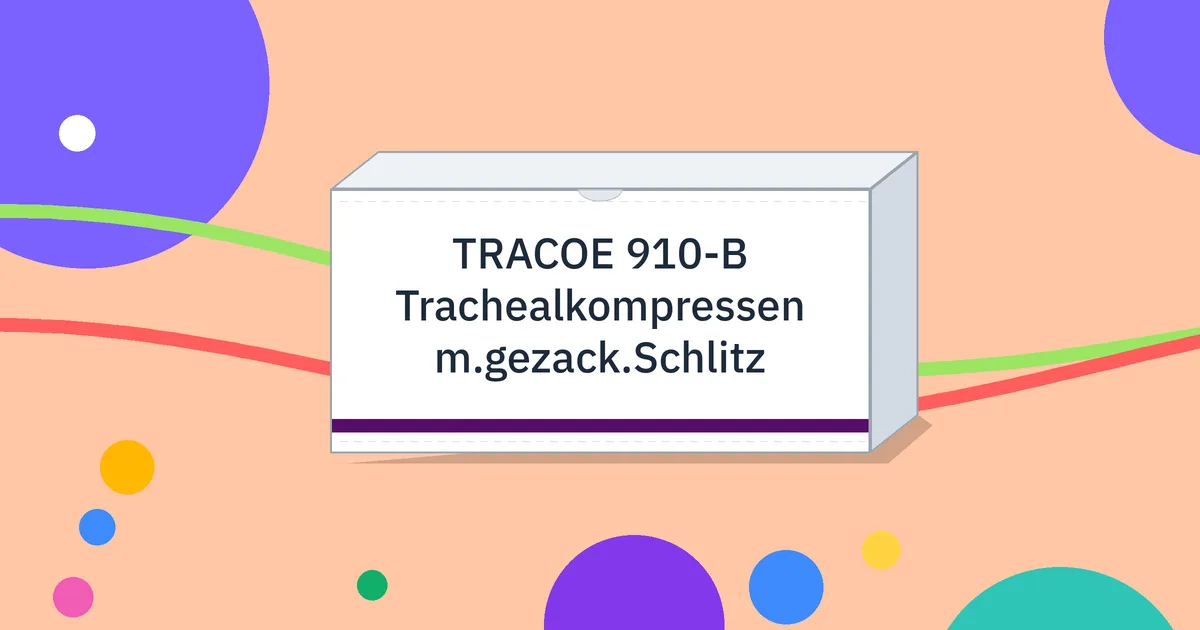 Symbolbild: Packung mit der Aufschrift TRACOE 910-B Trachealkompressen m.gezack.Schlitz (PZN 02420798) – Verfügbarkeit und Bezug in Apotheken in Frankfurt am Main