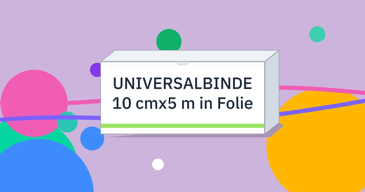 Symbolbild: Packung mit der Aufschrift UNIVERSALBINDE 10 cmx5 m in Folie (PZN 07095653) – Verfügbarkeit und Bezug in Apotheken in Frankfurt am Main