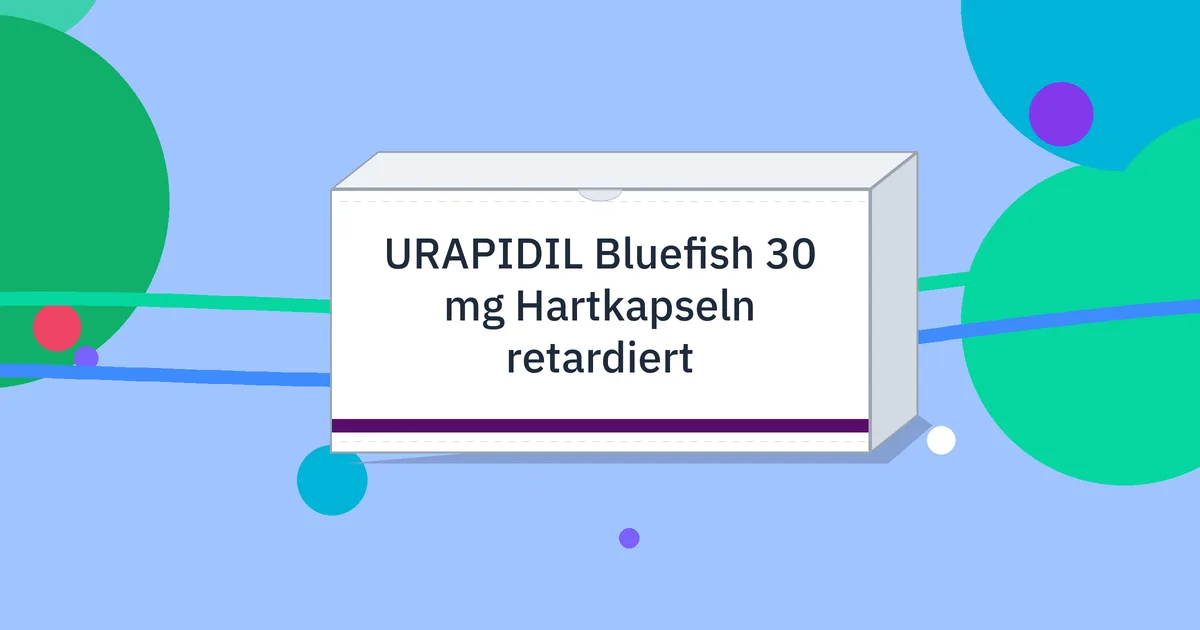 Symbolbild: Packung mit der Aufschrift URAPIDIL Bluefish 30 mg Hartkapseln retardiert (PZN 16778983) – Verfügbarkeit und Bezug in Apotheken in Frankfurt am Main